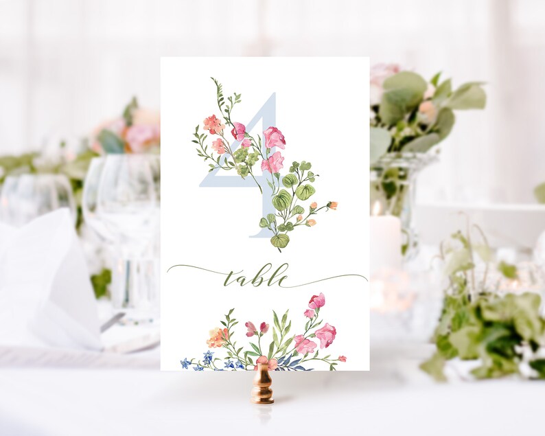 Wildflower Wedding Table Numbers: Pink & Blue Floral (printable ...