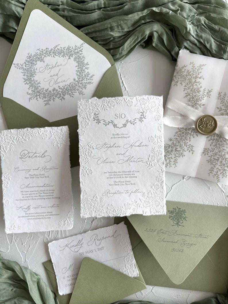 Embossed Wildflowers Wedding Invitations, Deckled Edge Handmade Cotton ...