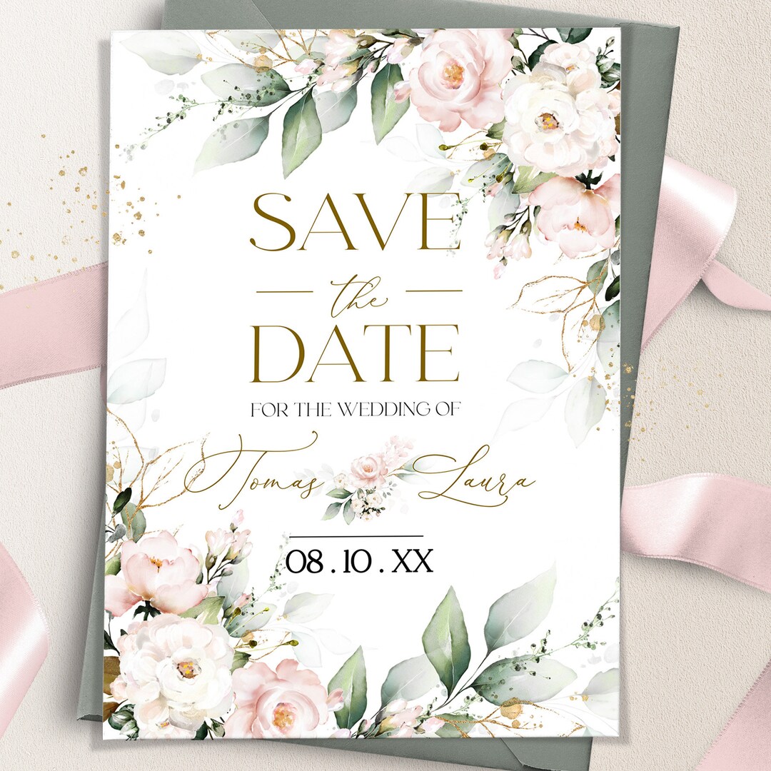 Blush Pink Floral Save the Date | Soft Pink Printable Save the Date ...