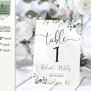 Table Numbers Template, Printable Greenery Wedding Table Numbers Card ...
