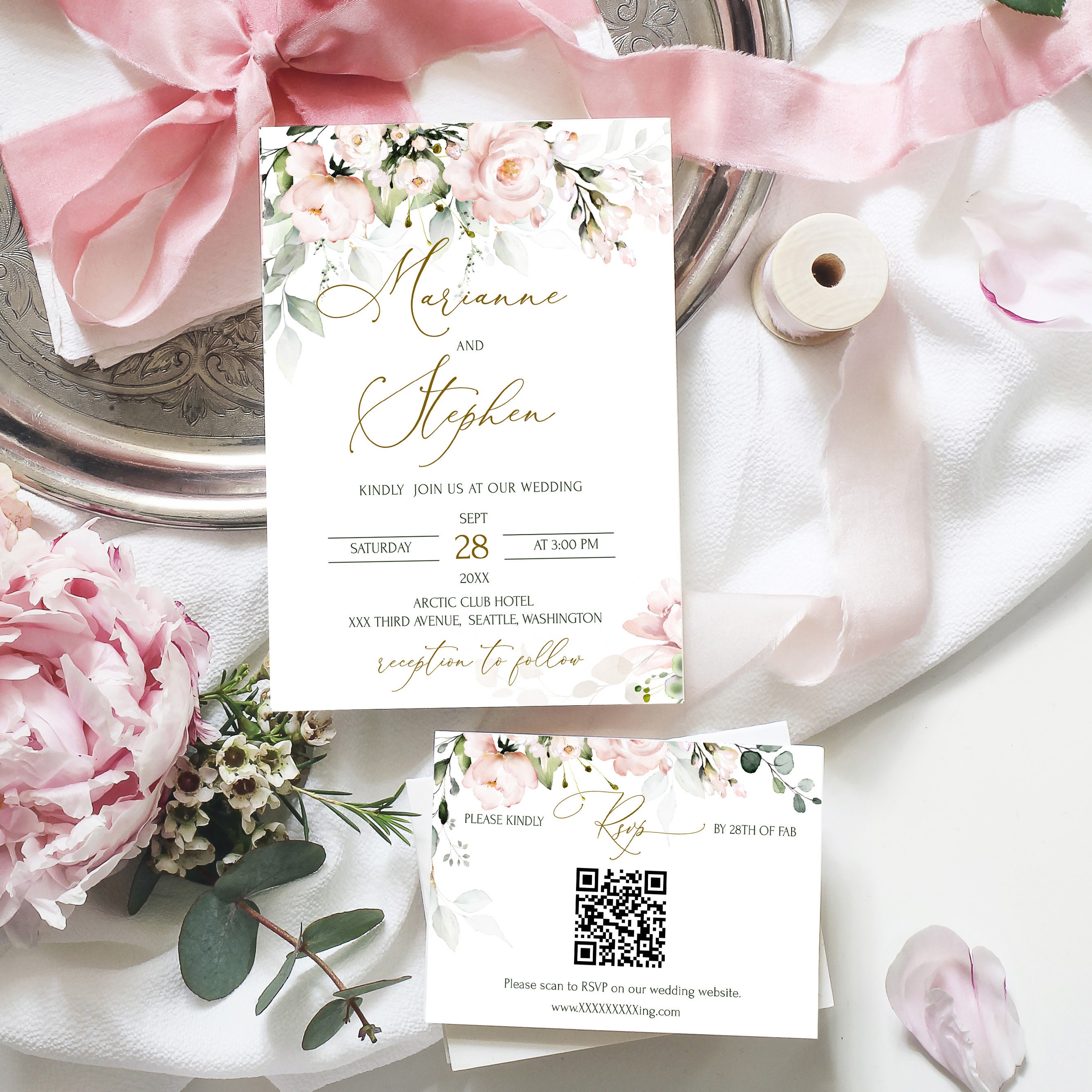 Wedding Invitation Bundle With Qr Code Template Printable Soft Pink ...