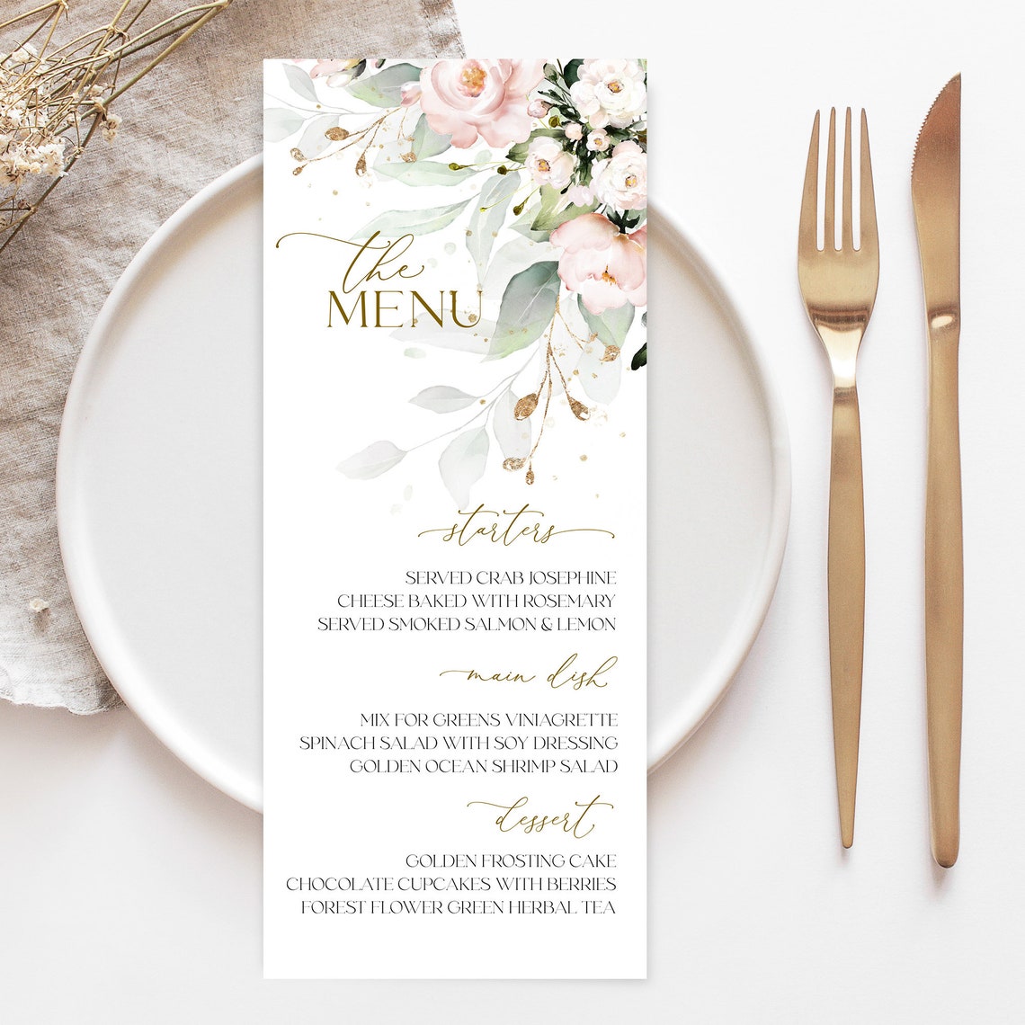 Blush Pink Menu Template Printable Pink Flowers Wedding Menu Card ...
