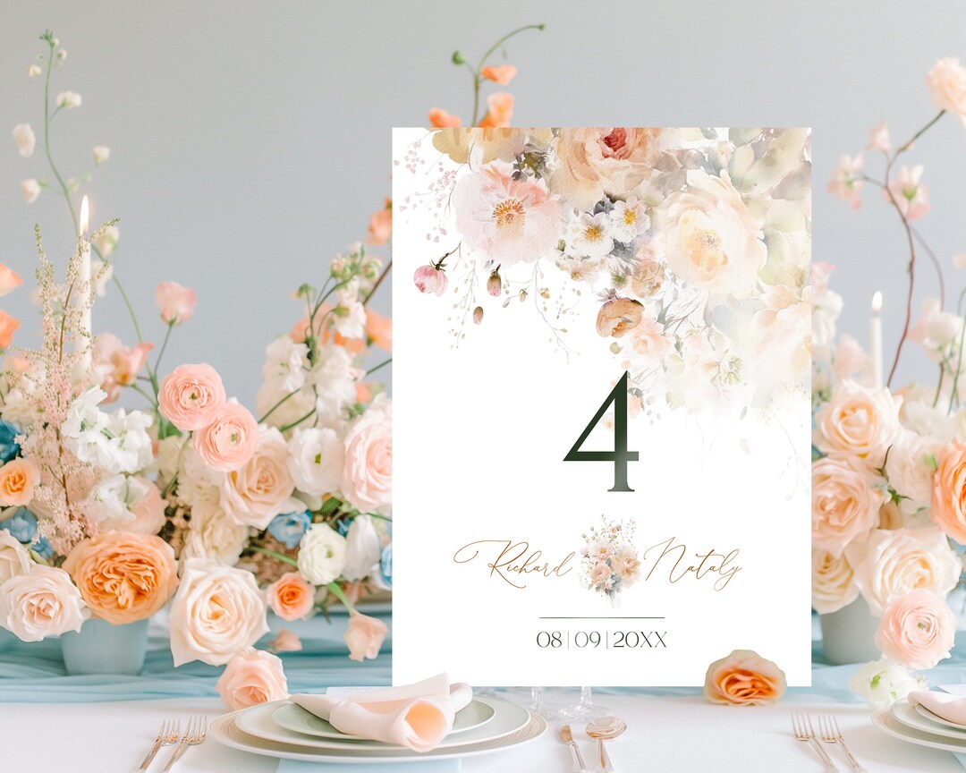 Peach Floral Wedding Table Numbers: Bohemian Watercolor (digital ...