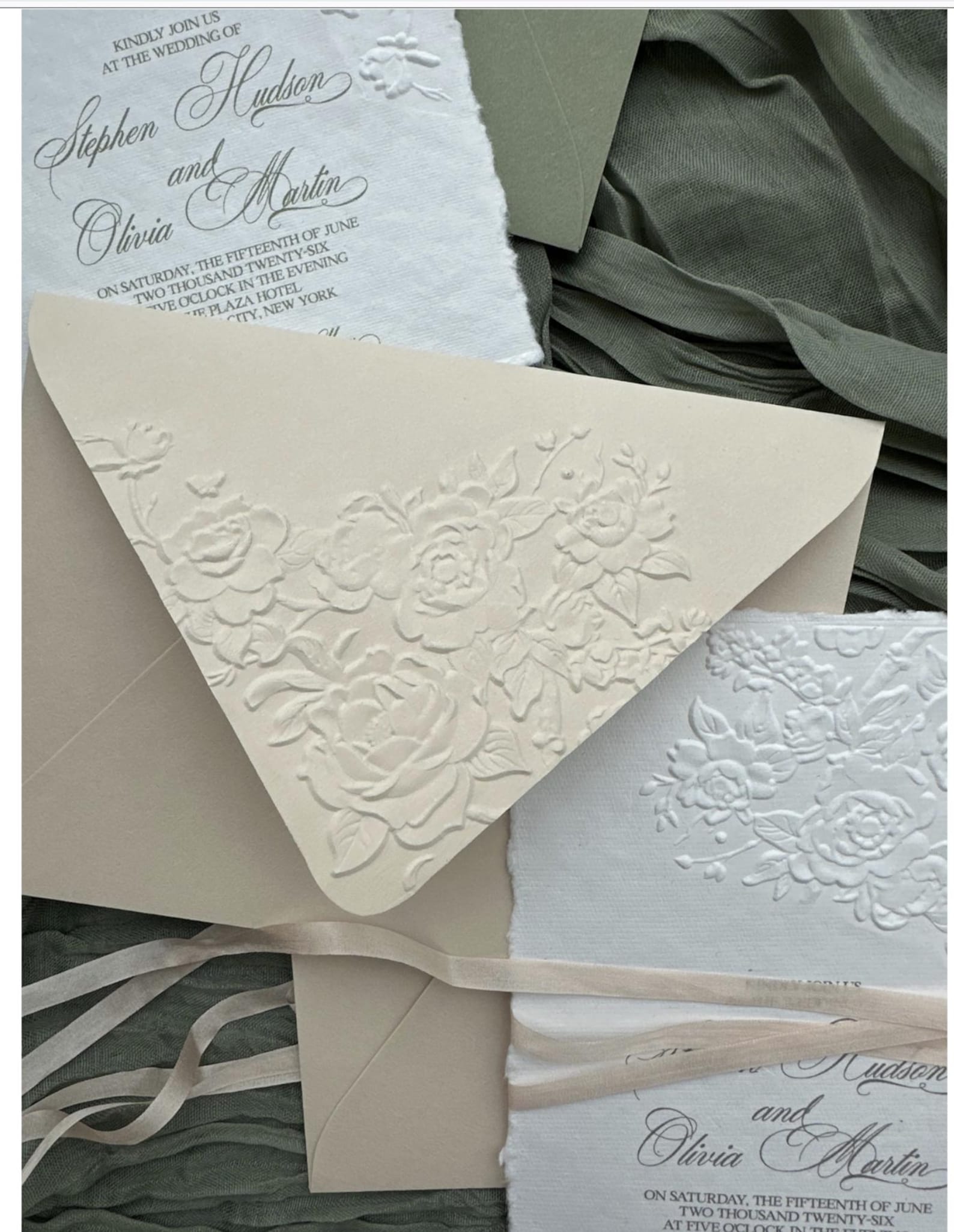 Embossed Wedding Invitations, Deckled Edge Ivory Handmade Cotton Paper ...