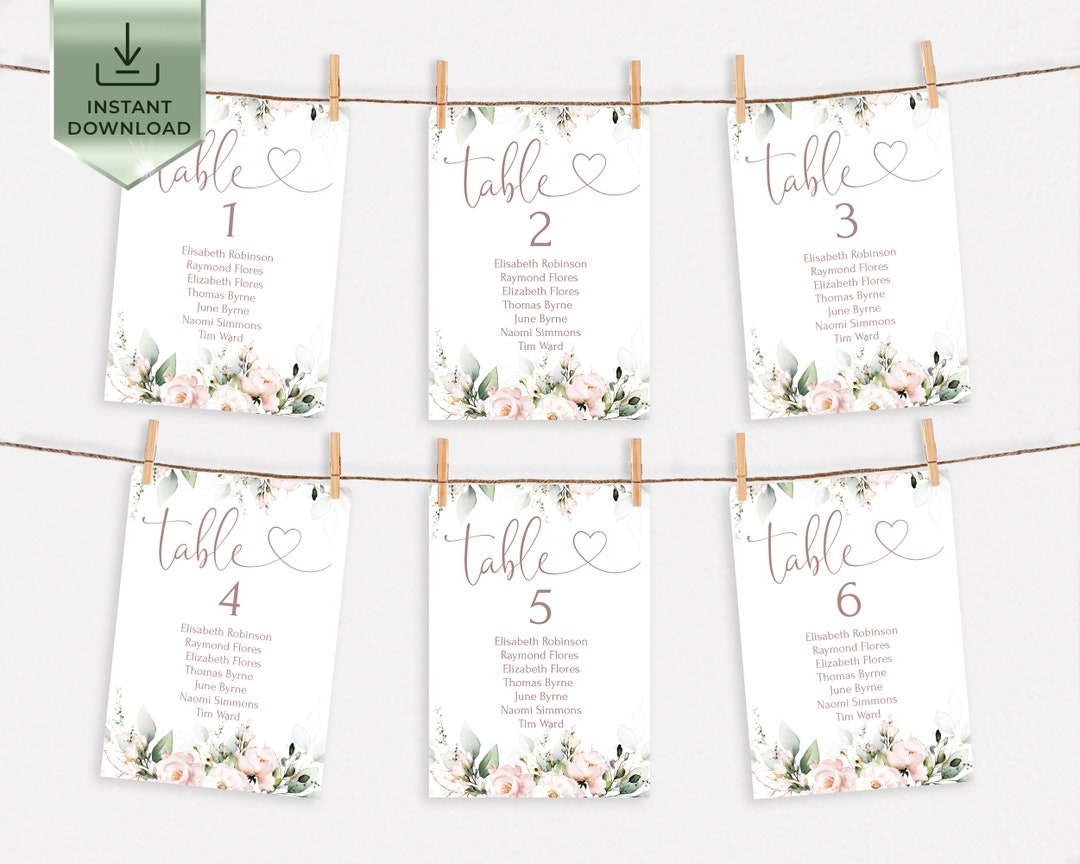 Wedding Seating Chart Cards Template, Soft Pink Printable Seating Plan ...