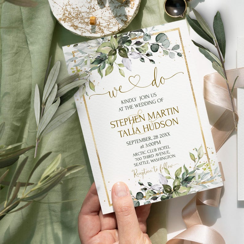Greenery Gold Frame Wedding Invitation Template (download) HEART ...