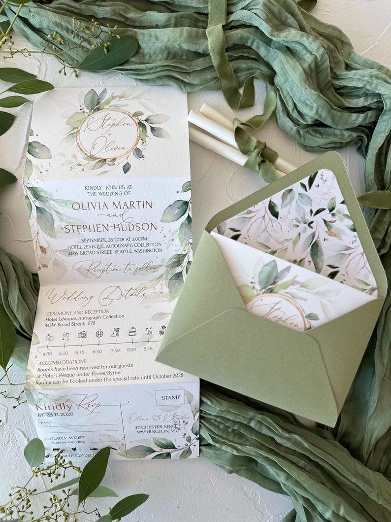Sage Concertina Wedding Invitation RSVP Card, Trifold Invitation ...