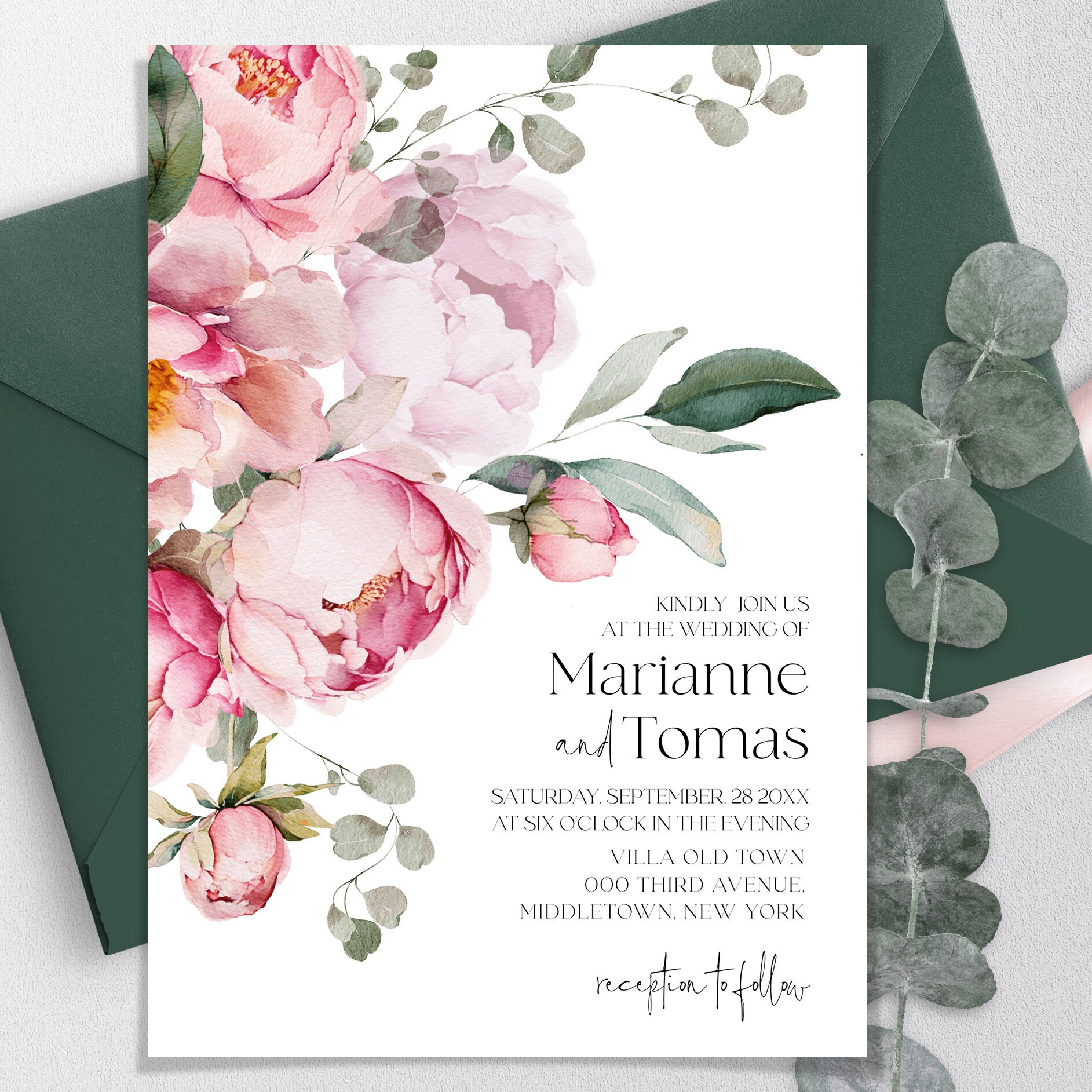 Peony Wedding Invitation Bundle Template Peonies Flowers Blush Pink ...