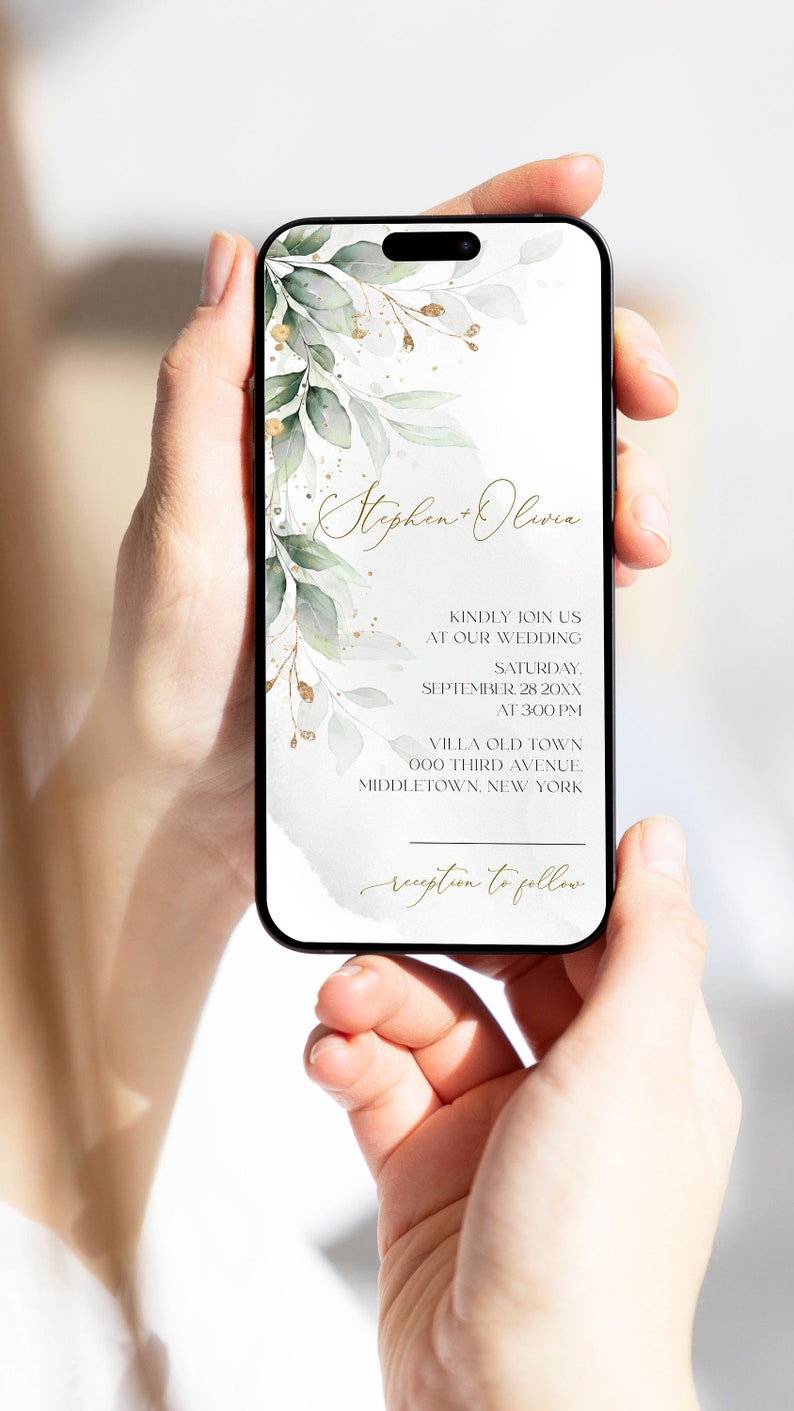 Sage Green Wedding Digital Invitation Gold Eucalyptus Wedding Text Sms ...
