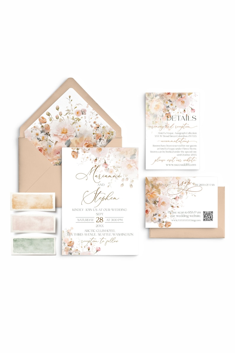 Peach Fuzz Floral Wedding Invitation Set: Bohemian Watercolor (DIY ...
