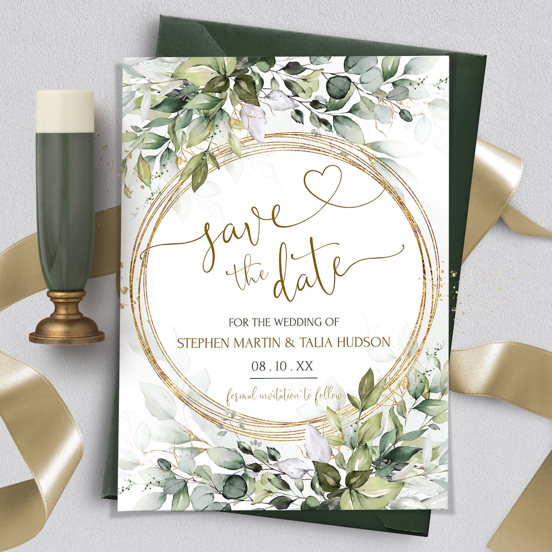 Sage Green Save the Date With Heart | Printable Greenery Save the Date ...