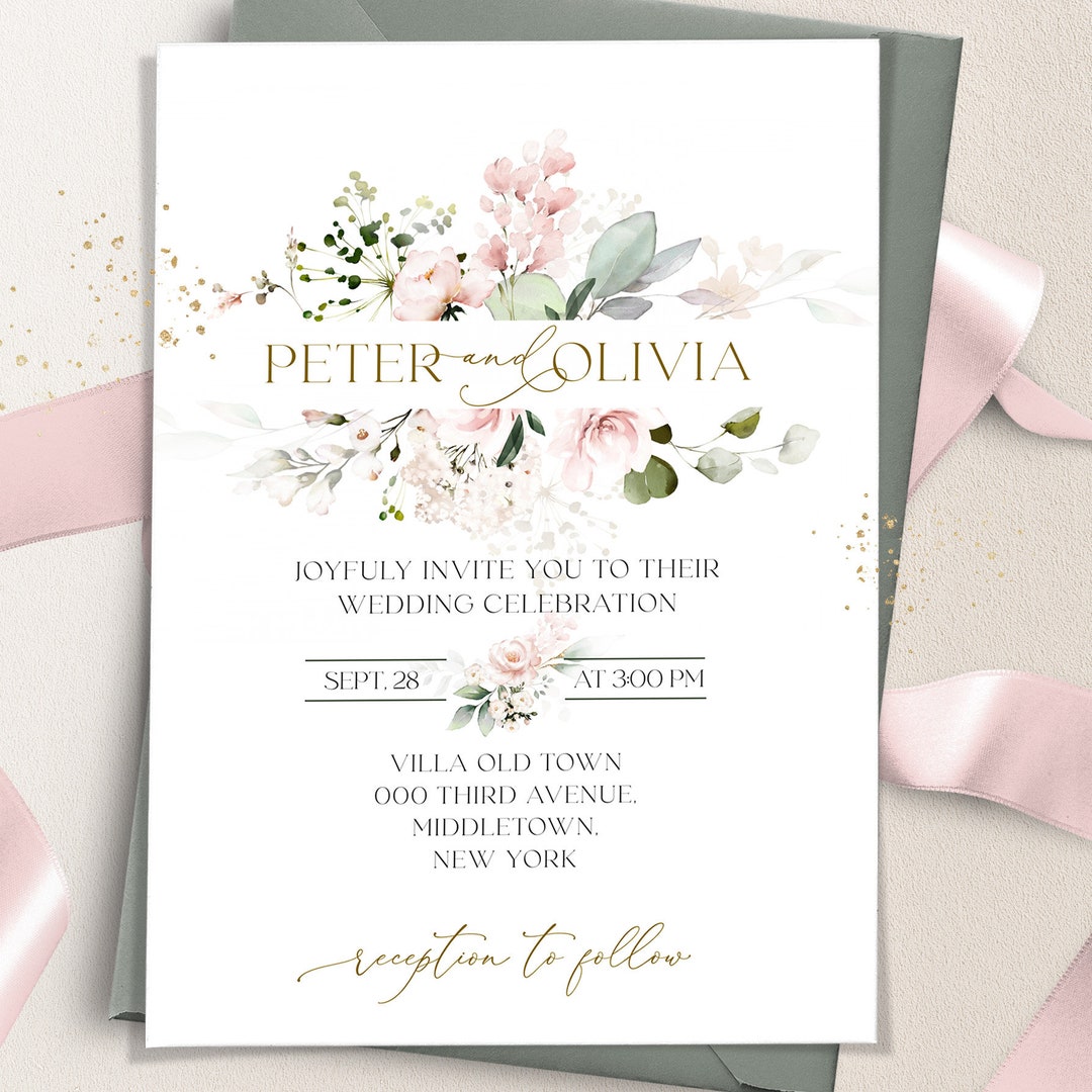Blush Pink Floral Wedding Invitation Template (printable) ROSIE LE350 ...