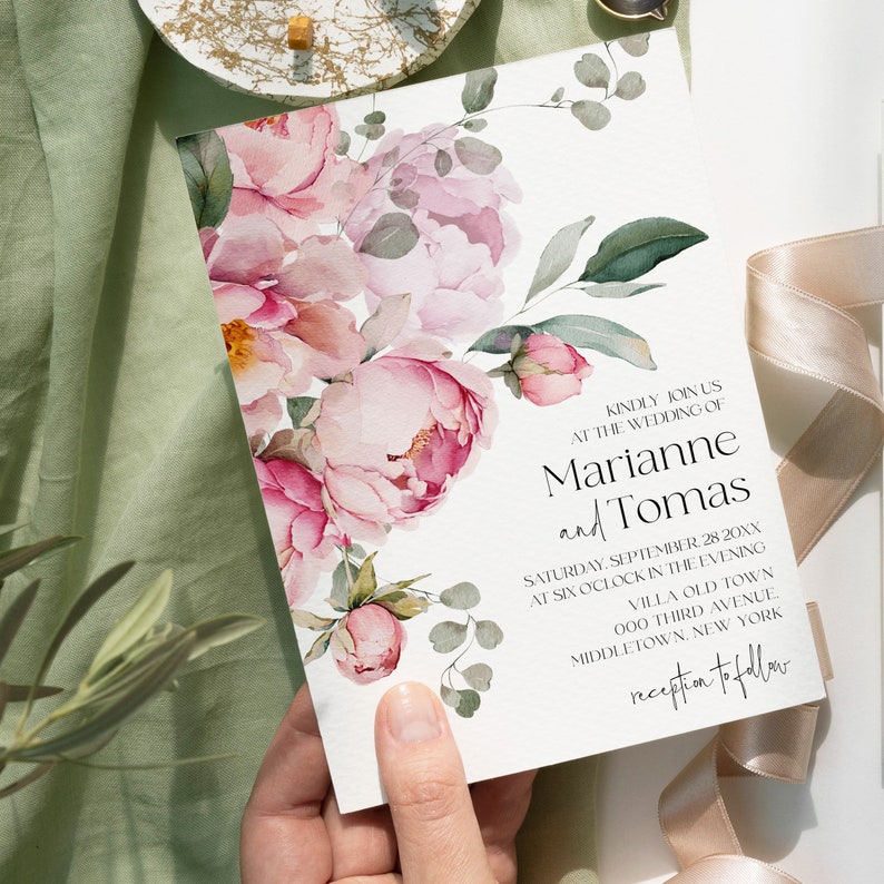 Peony Wedding Invitation Bundle Template Peonies Flowers Blush Pink ...