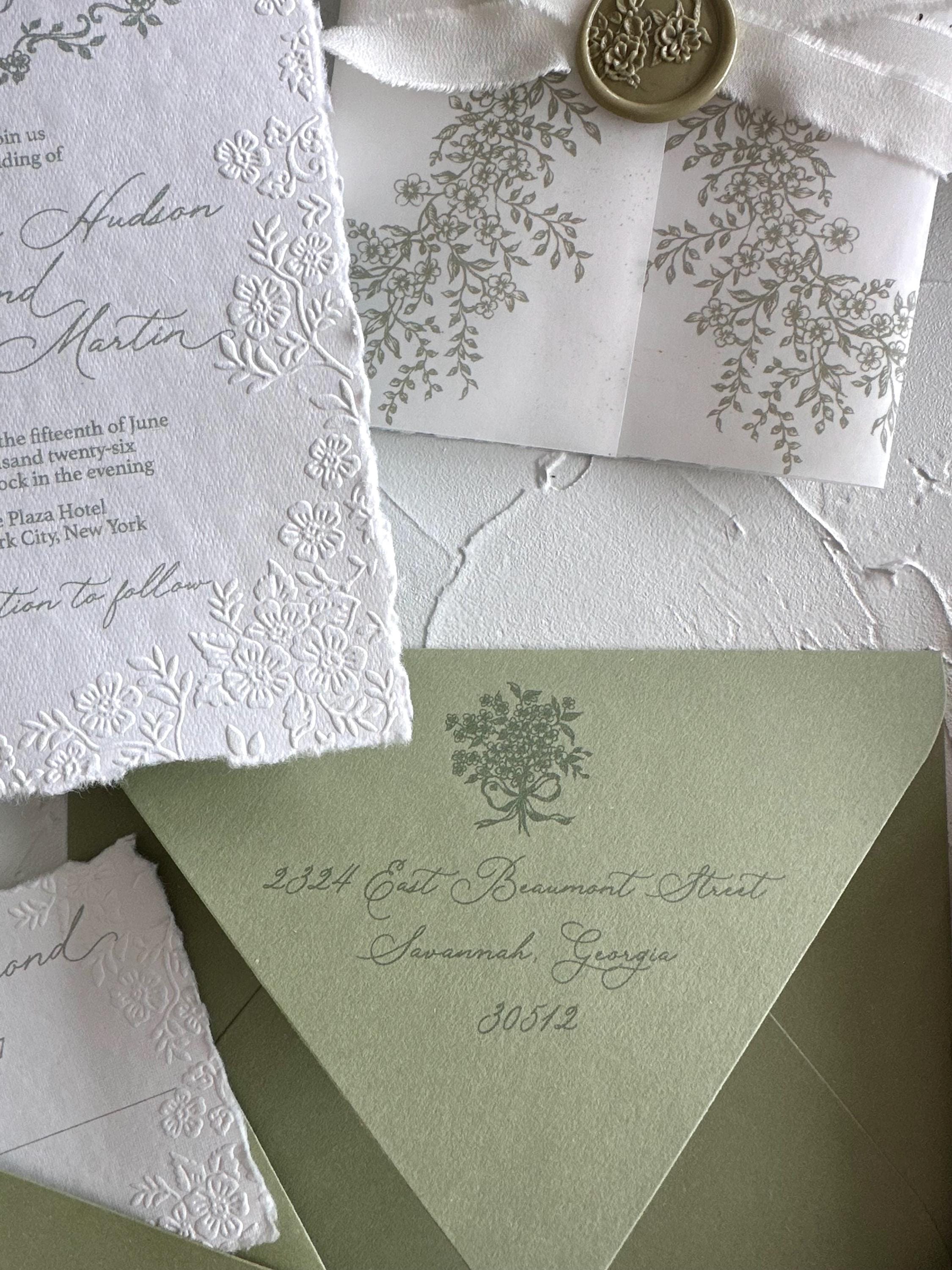 Embossed Wildflowers Wedding Invitations, Deckled Edge Handmade Cotton ...