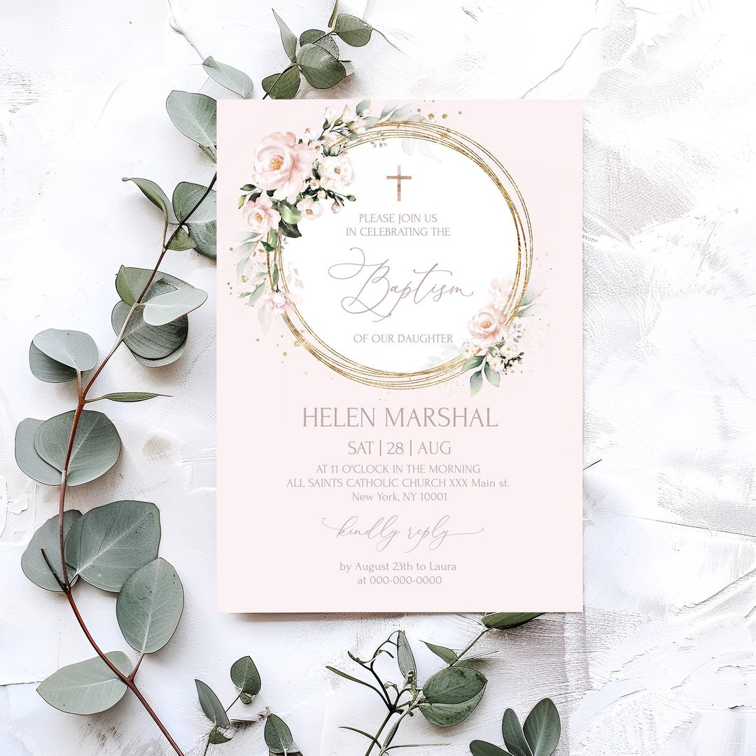 Blush Pink Baptism Invitation Template, Soft Pink Flowers Printable ...