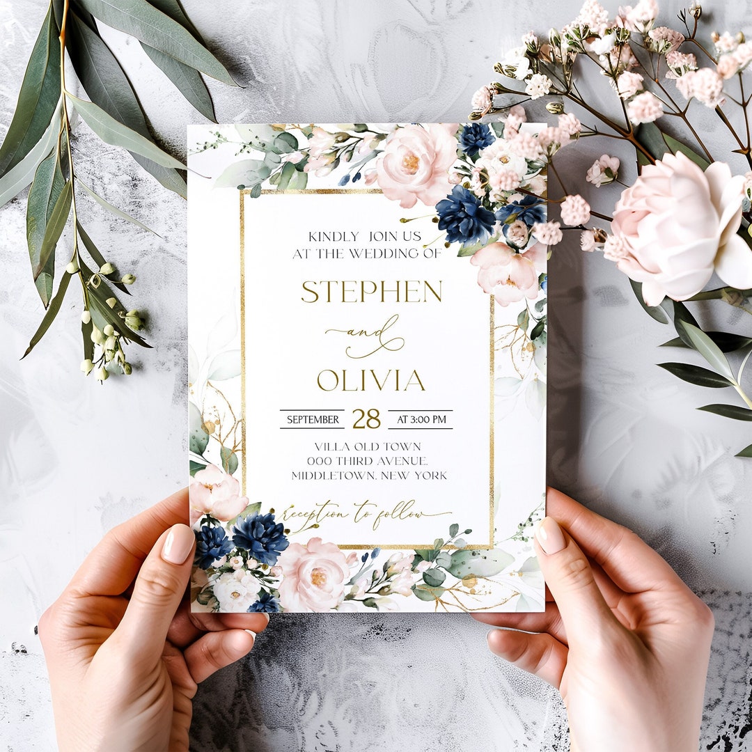 Floral Wedding Invitation Template: Pink, Navy & Gold (editable) - Etsy
