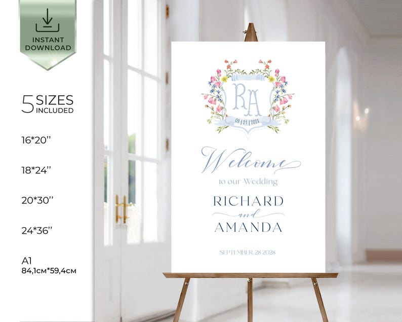 Crest Wedding Welcome Sign Template Printable Pink Yellow Blue ...