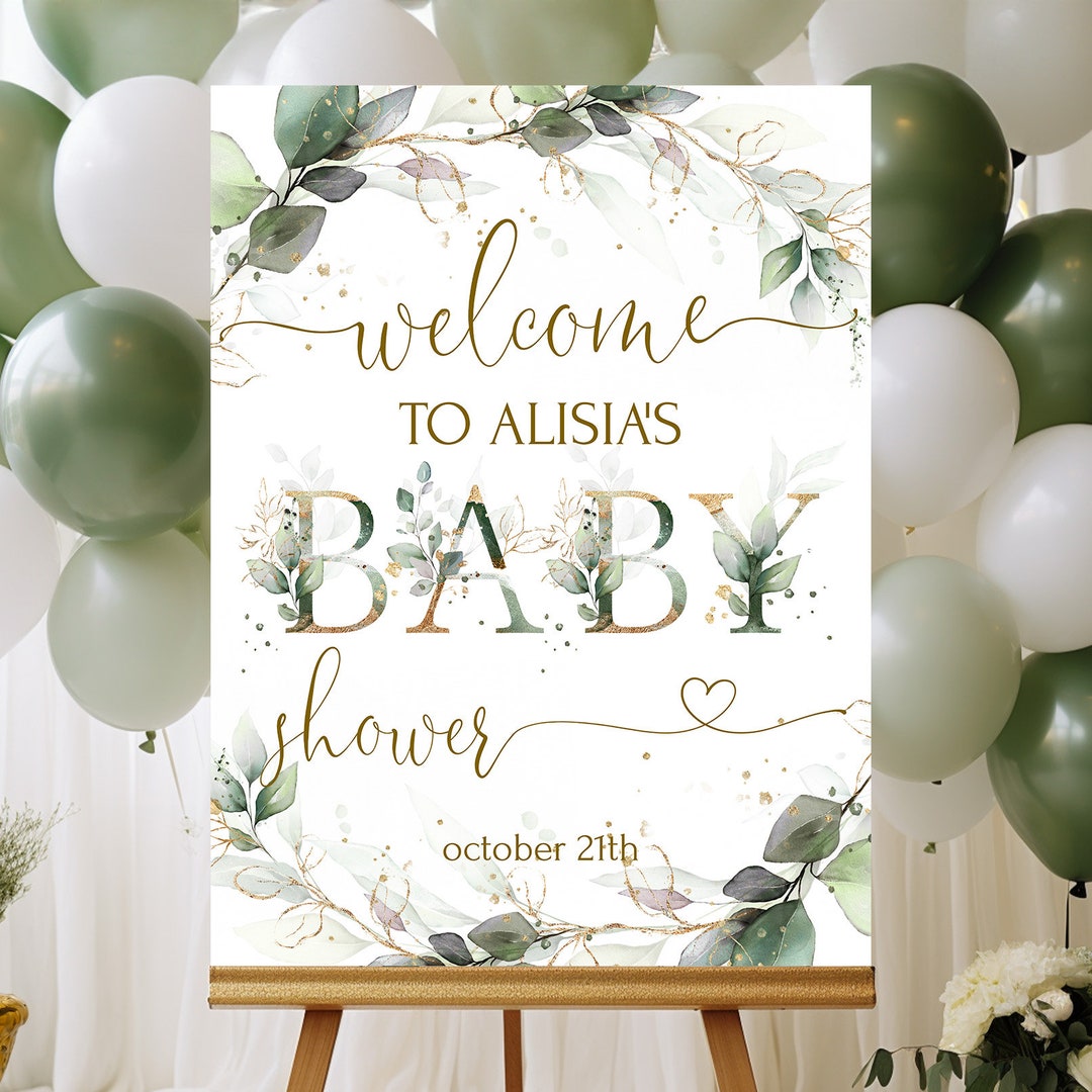 Sage Baby Shower Welcome Sign Template, Printable Greenery Gold Baby ...