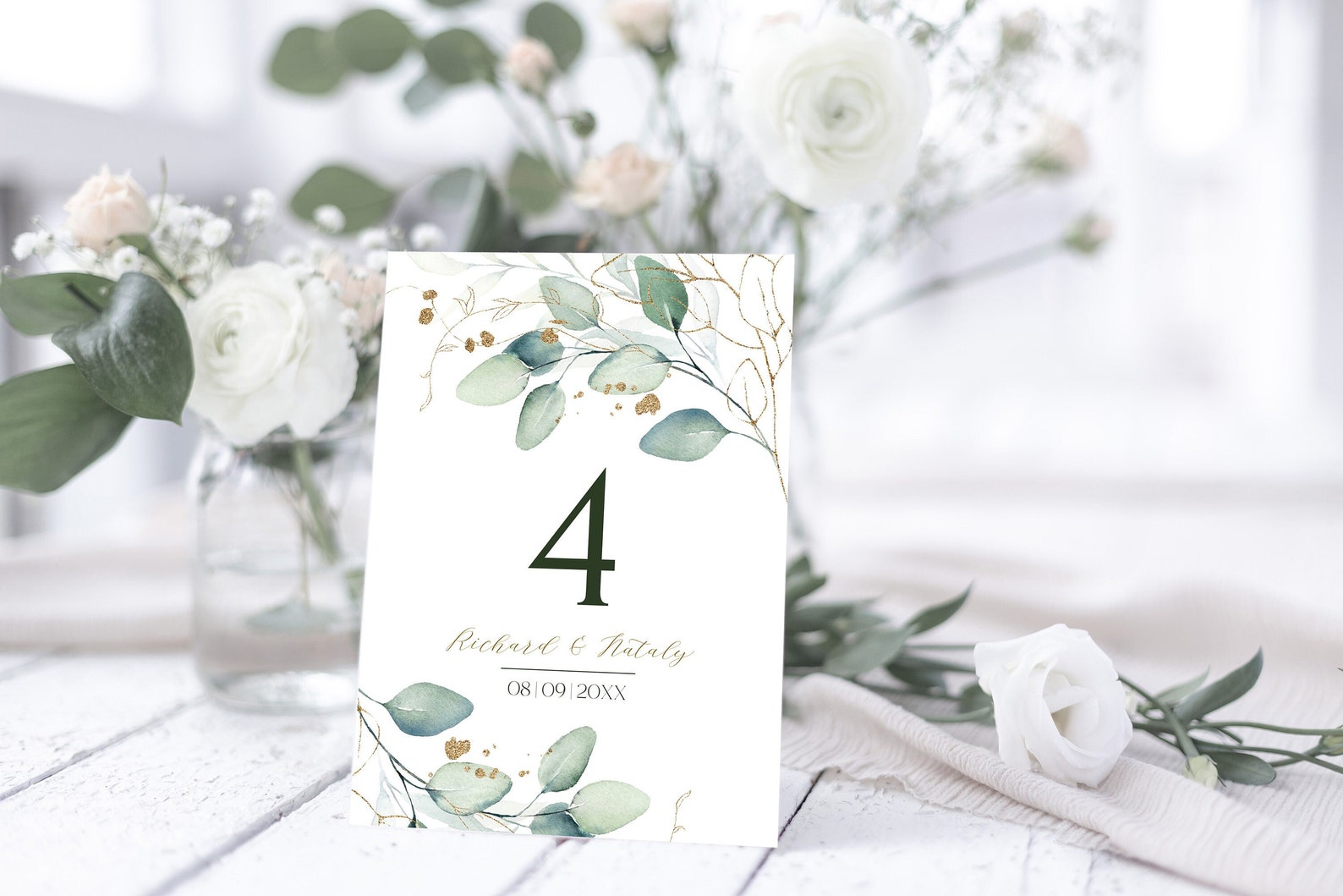 Eucalyptus Wedding Table Numbers Template: Greenery Gold (digital ...
