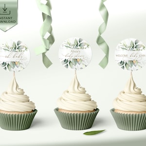 Greenery Cupcake Toppers Template, Printable Greenery Gold Cupcake ...