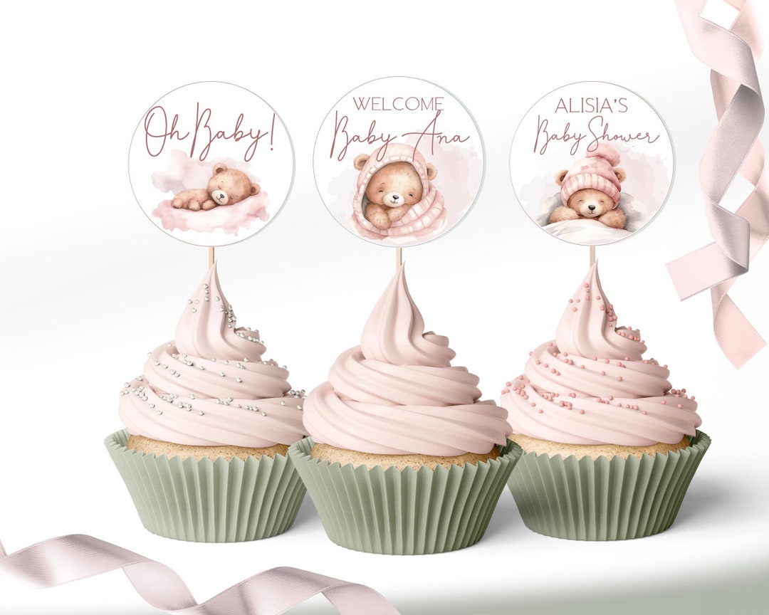Pink Teddy Bear Baby Shower Cupcake Toppers Template Pink Baby Shower ...