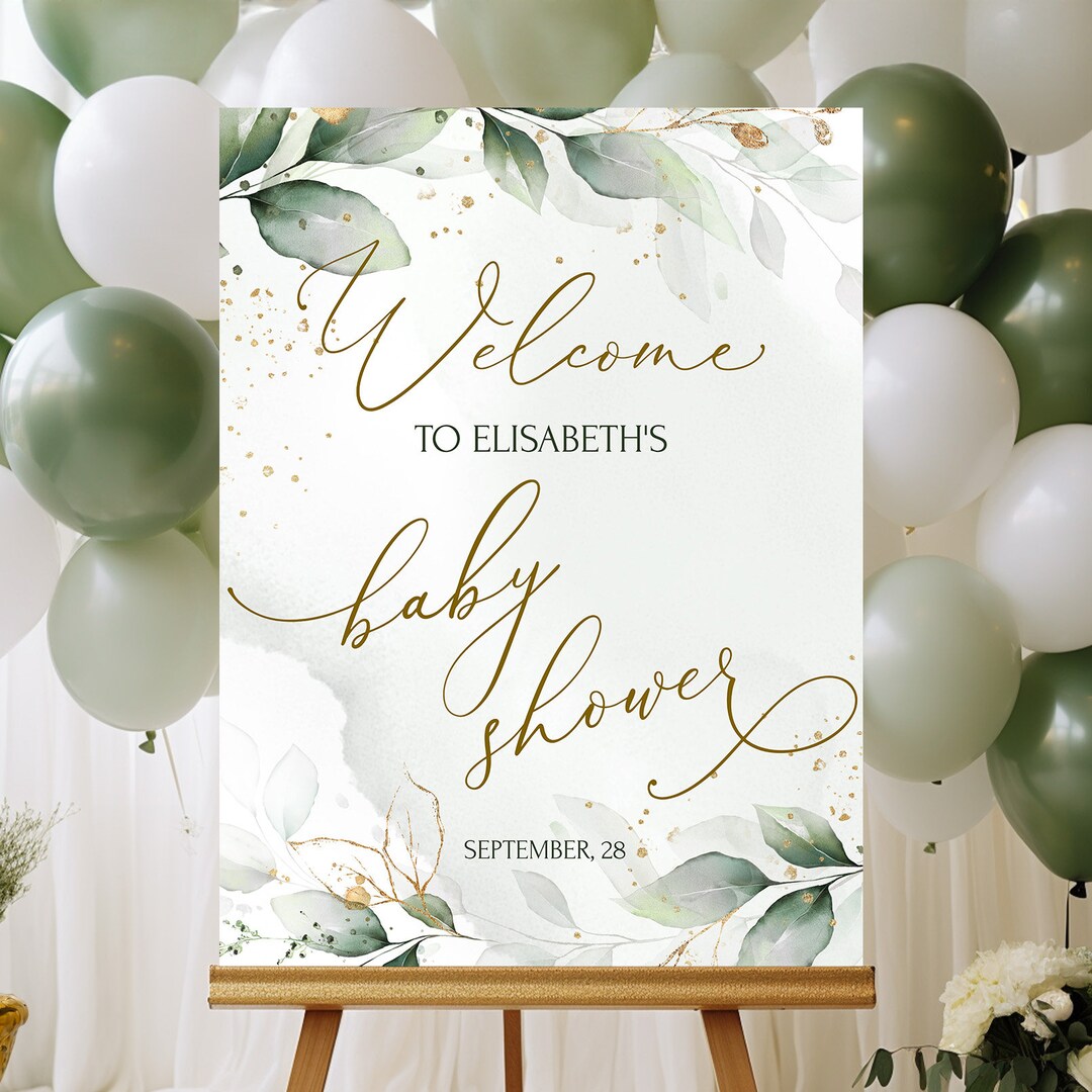 Baby Shower Welcome Sign Template, Printable Greenery Gold Baby Shower ...