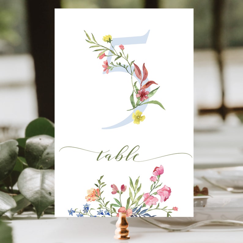 Wildflower Wedding Table Numbers: Pink & Blue Floral (printable ...
