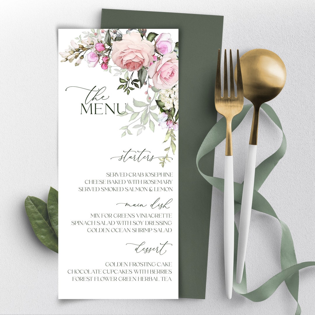 Soft Pink Menu Template Printable Blush Pink Flowers Wedding Menu Card ...
