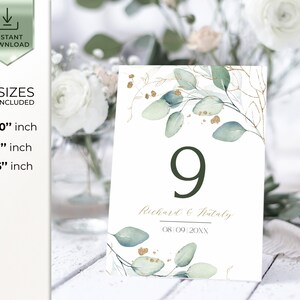 Sage Green Table Numbers Template | Printable Greenery Gold Wedding ...