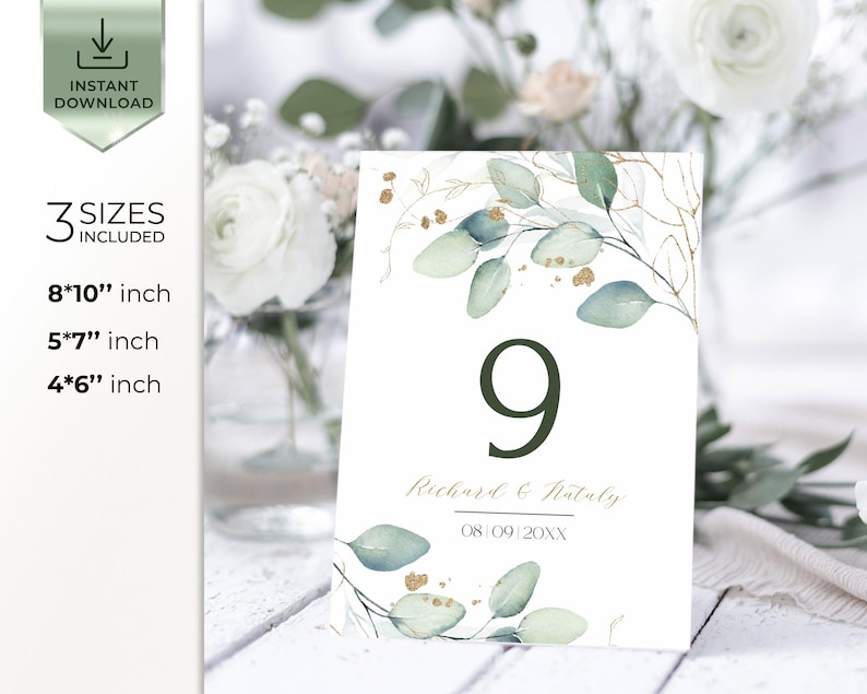 Eucalyptus Wedding Table Numbers Template: Greenery Gold (digital ...