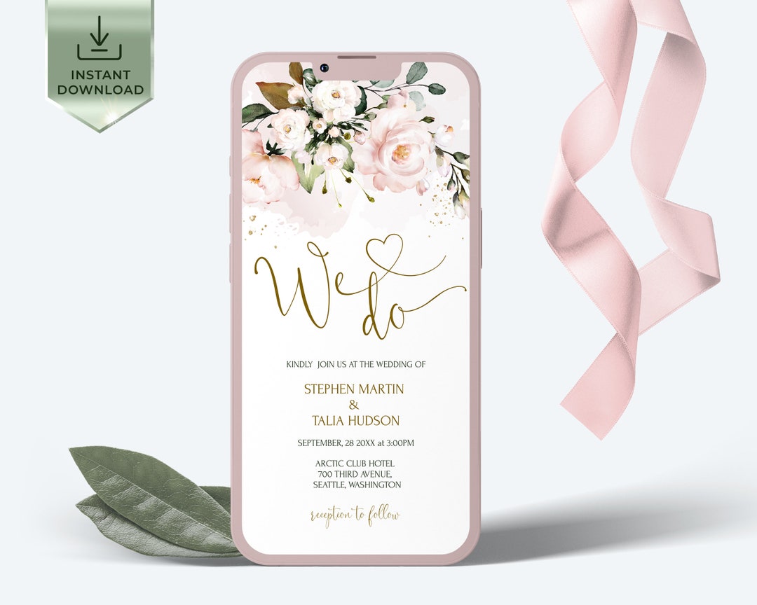 Blush Pink Digital Wedding Invitation Template, Soft Pink Flowers ...