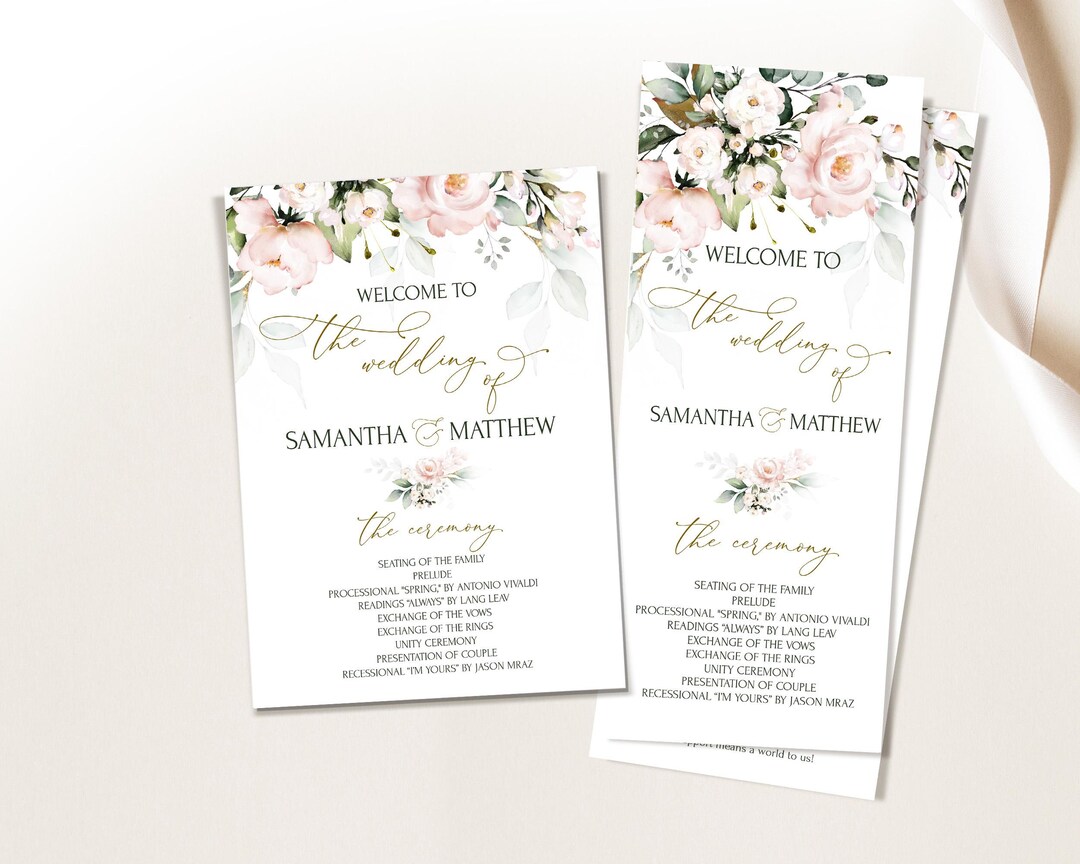 Blush Pink Wedding Program Fan Template, Soft Pink Flowers Printable ...