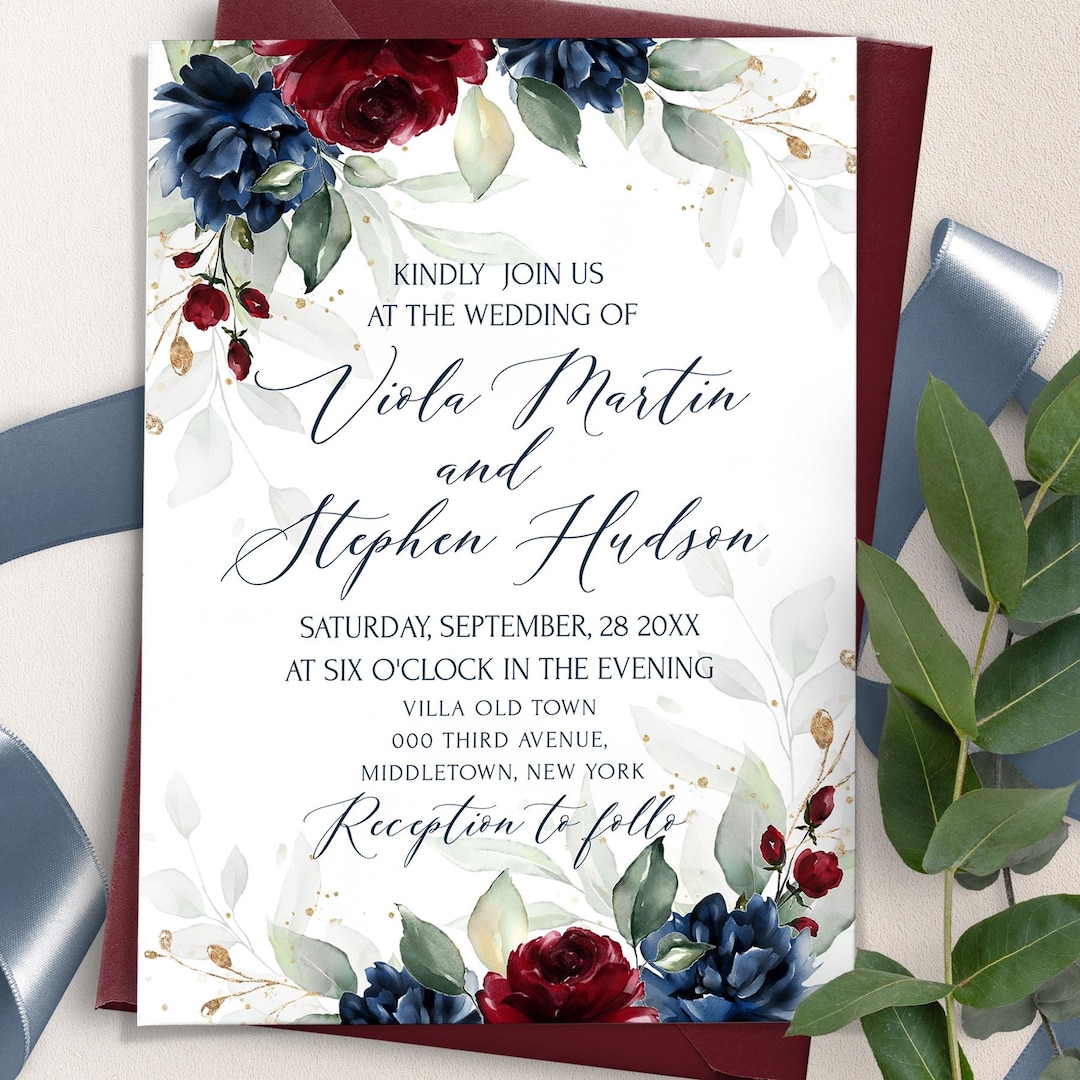 Burgundy Navy Floral Wedding Invitation Template (digital Download) - Etsy