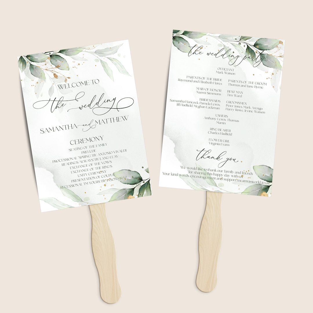 Sage Green Wedding Program Fan Template: Eucalyptus Gold Script ...