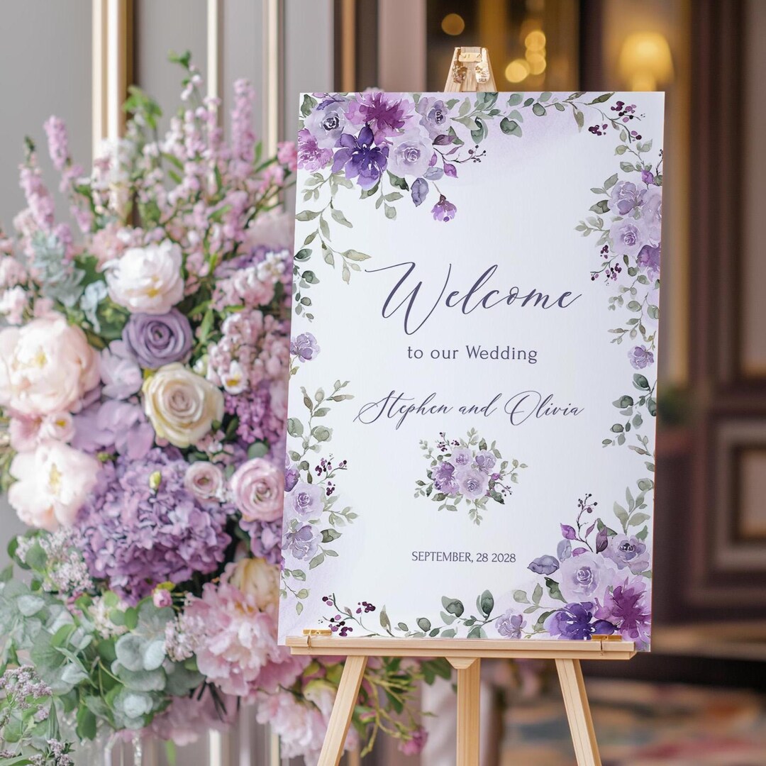 Lilac Wedding Welcome Sign: Watercolor Floral, Editable Template ...