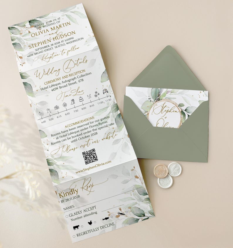 Sage Concertina Wedding Invitation RSVP Card, Trifold Invitation ...
