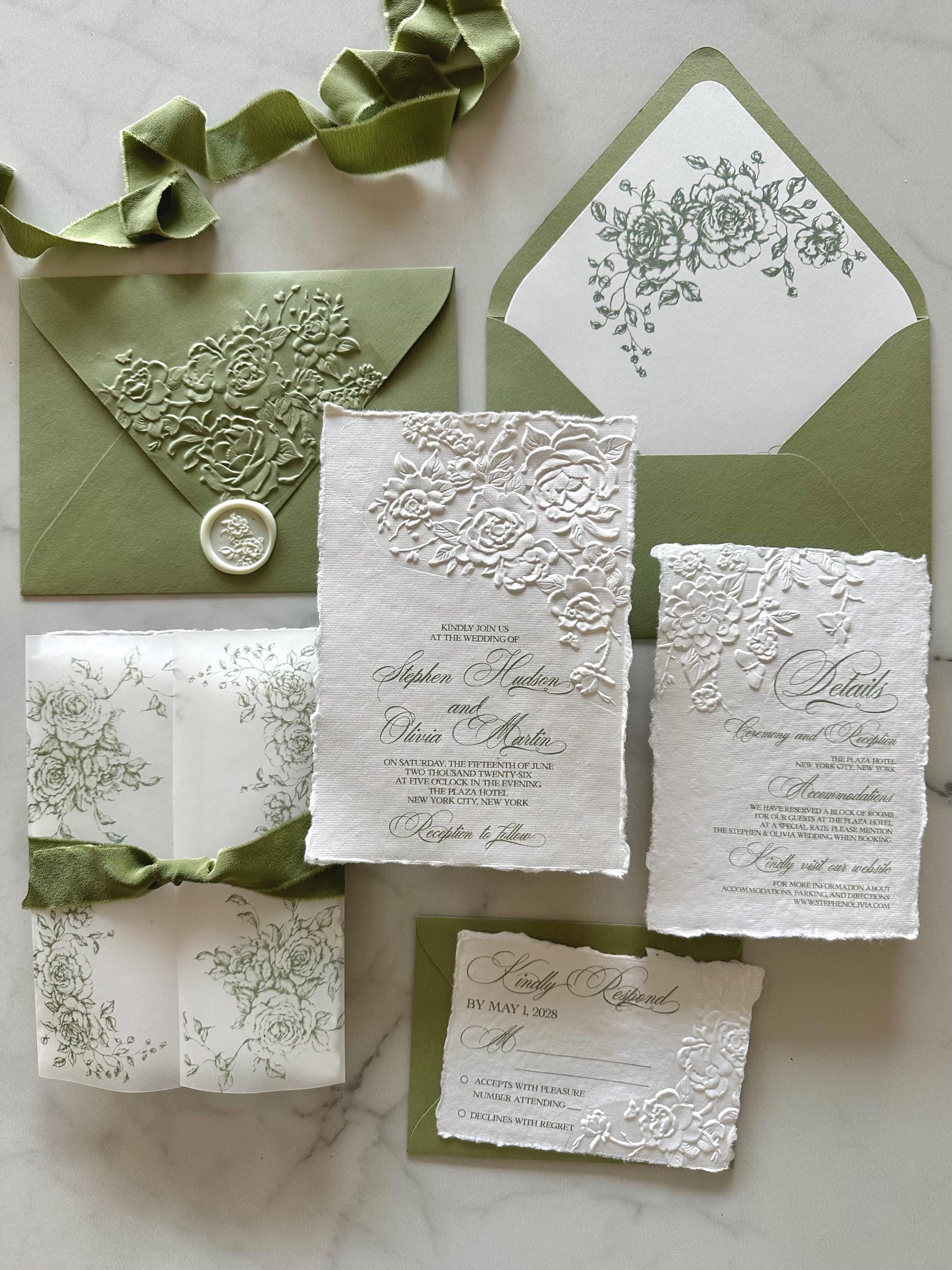 Embossed Wedding Invitations, Deckled Edge Handmade Cotton Paper, Roses ...