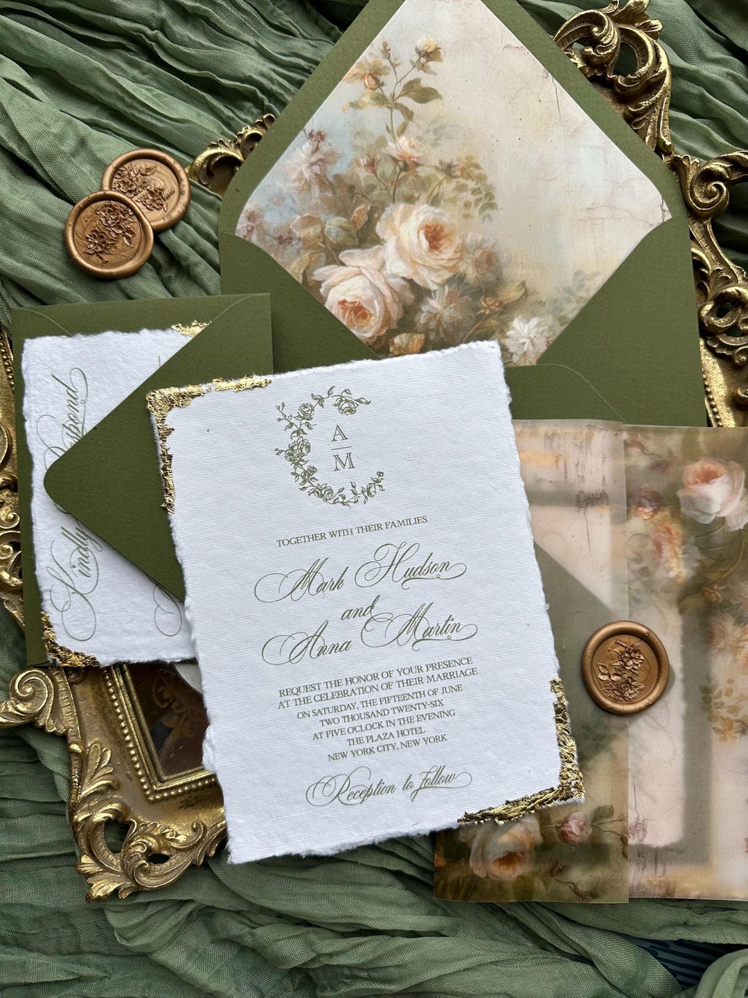Luxury Wedding Invitation Set Handmade Cotton Paper Gold Deckled Edge ...