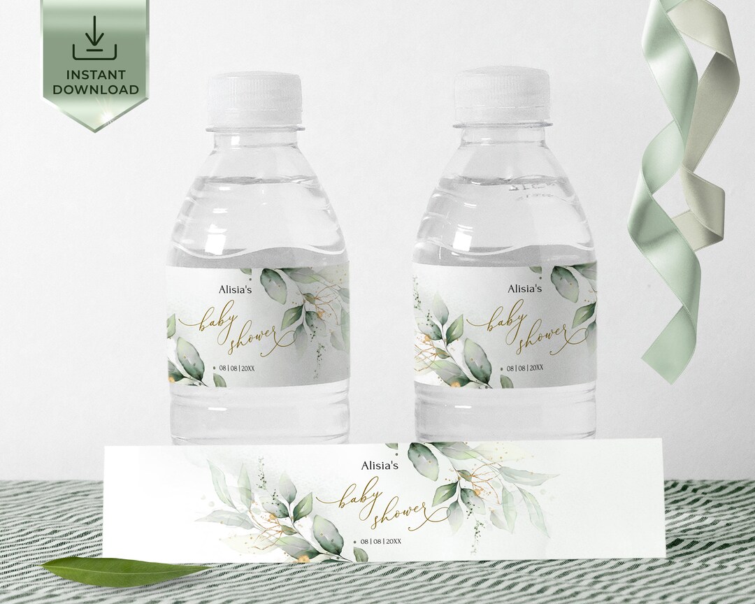 Greenery Water Bottle Label Template, Sage Green Gold Eucalyptus Bottle ...
