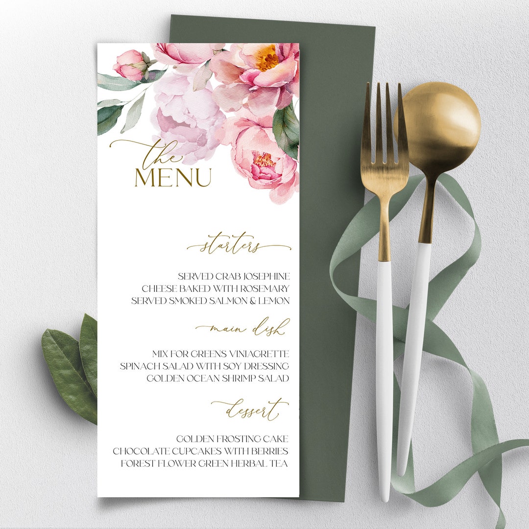 Peony Wedding Menu Template | Pink Flowers Printable Menu Card | Modern ...