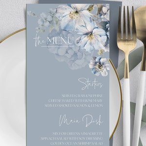 Dusty Blue Wedding Menu Template, Blue Flowers Desert Wedding Menu ...