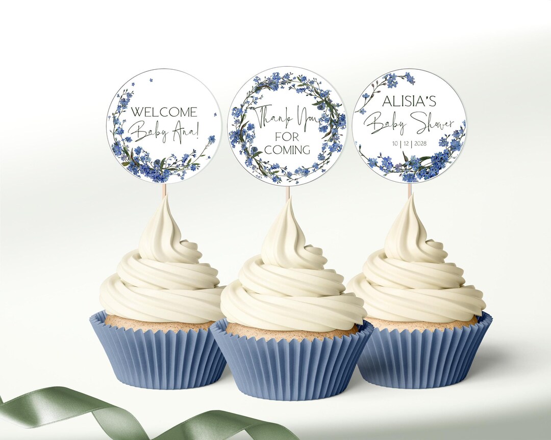 Blue Baby Shower Cupcake Toppers Template, Blue Flowers Baby Shower ...