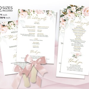 Blush Pink Wedding Program Fan Template, Soft Pink Flowers Printable ...