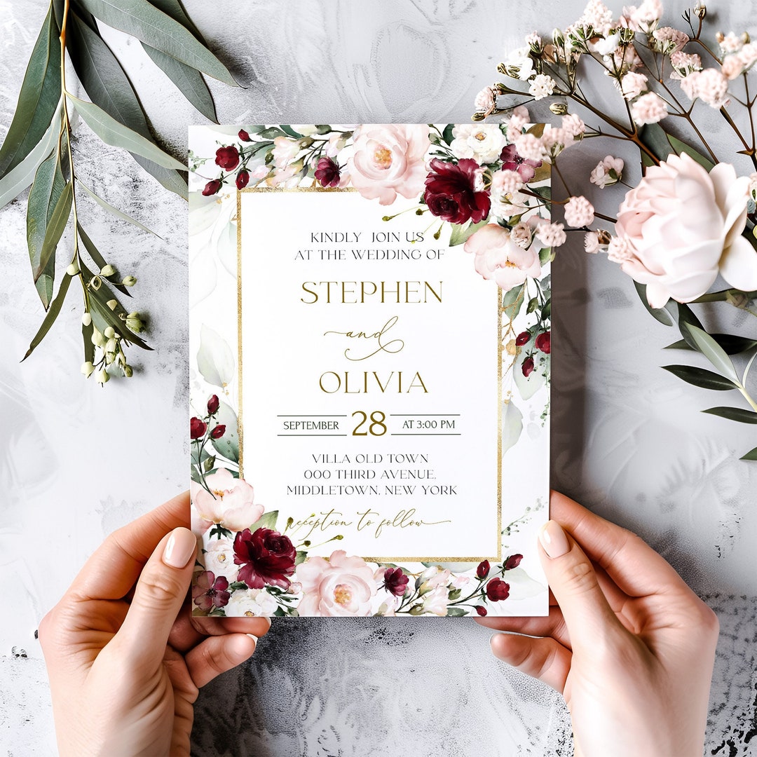 Blush Pink Floral Wedding Invitation Template: Burgundy Marsala ...