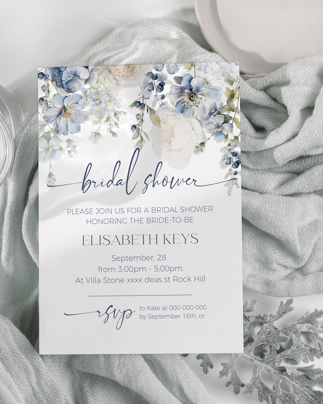 Bloom Blue Bridal Shower Invitation Template Printable Soft Blue Bridal ...