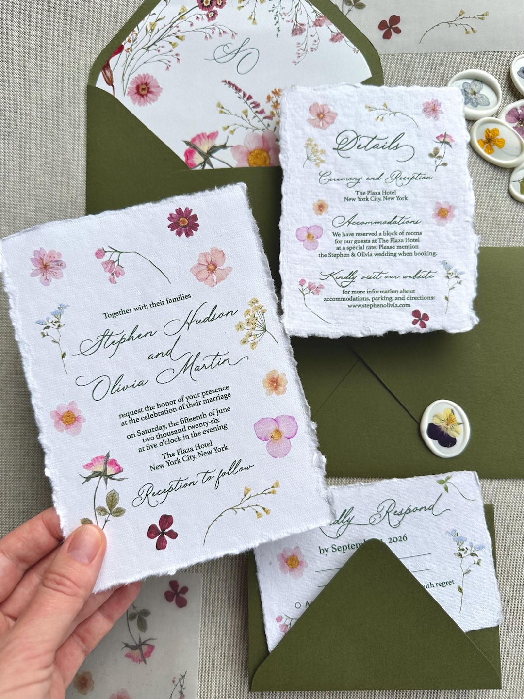 Romantic Wildflowers Wedding Invitation Suite on 100% Cotton Handmade ...