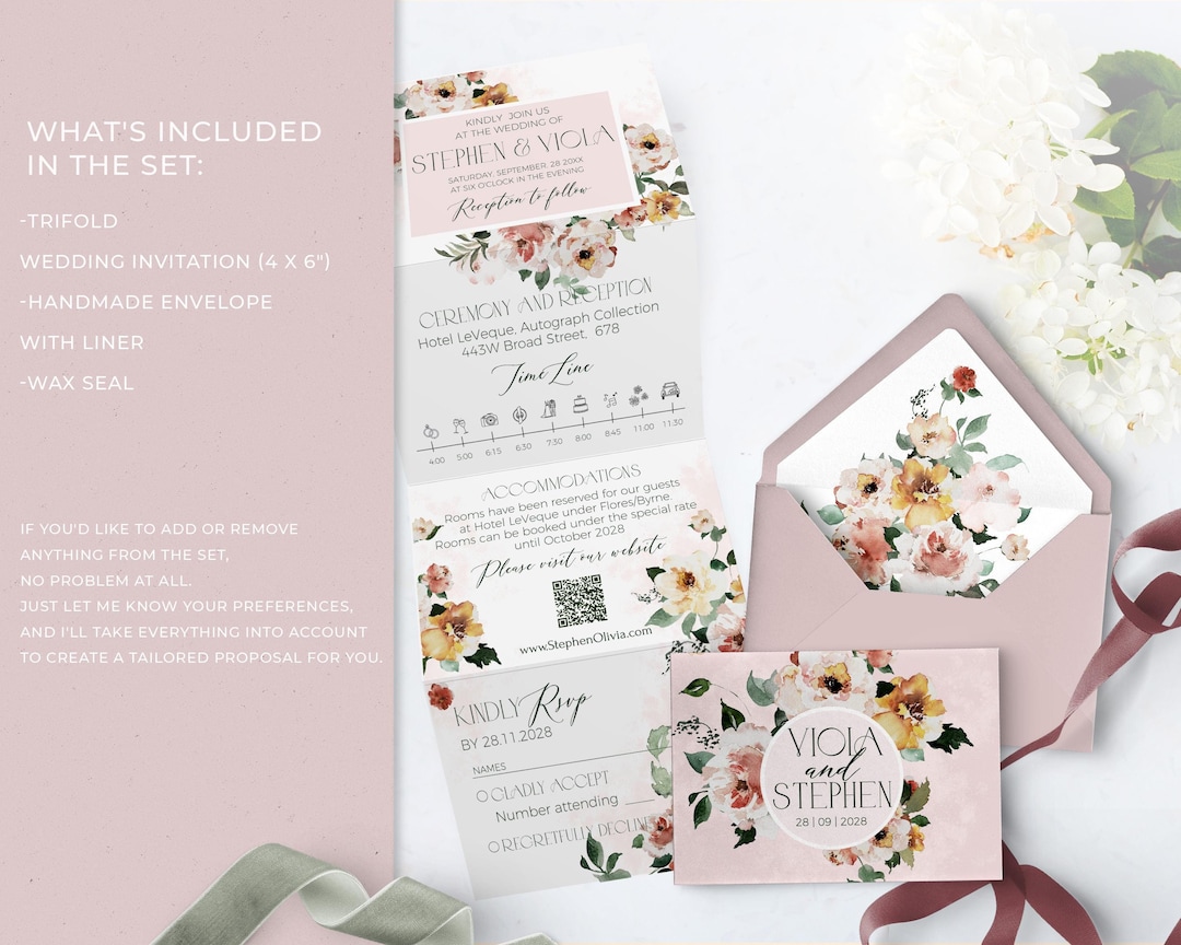 Garden Roses Concertina Invitation Set Pink Watercolor Flowers Trifold ...
