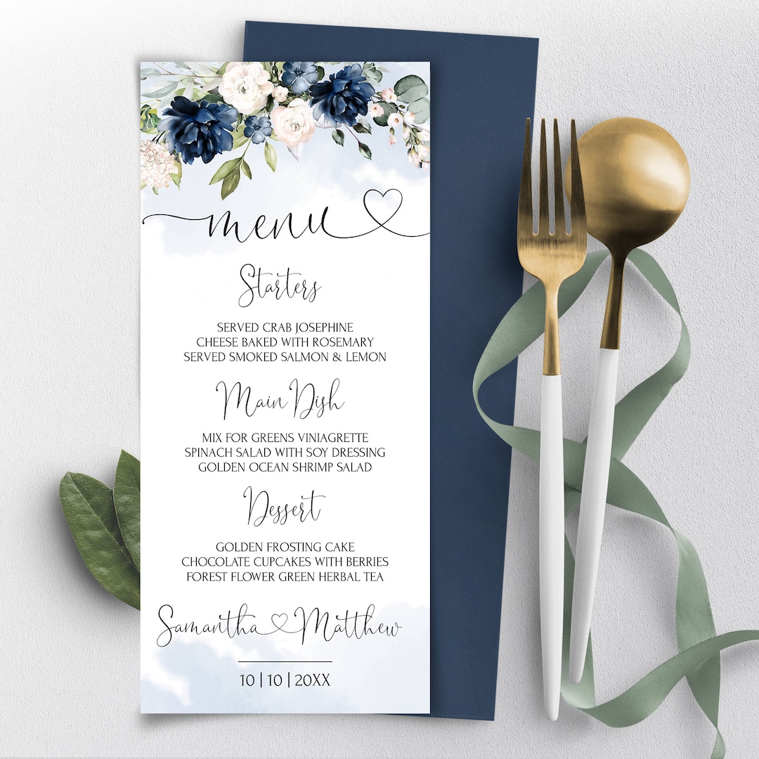 Royal Blue Wedding Menu Template, Blue Flowers Desert Wedding Menu ...