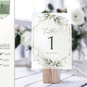 Greenery Table Numbers Template, Geometric Printable Greenery Gold ...