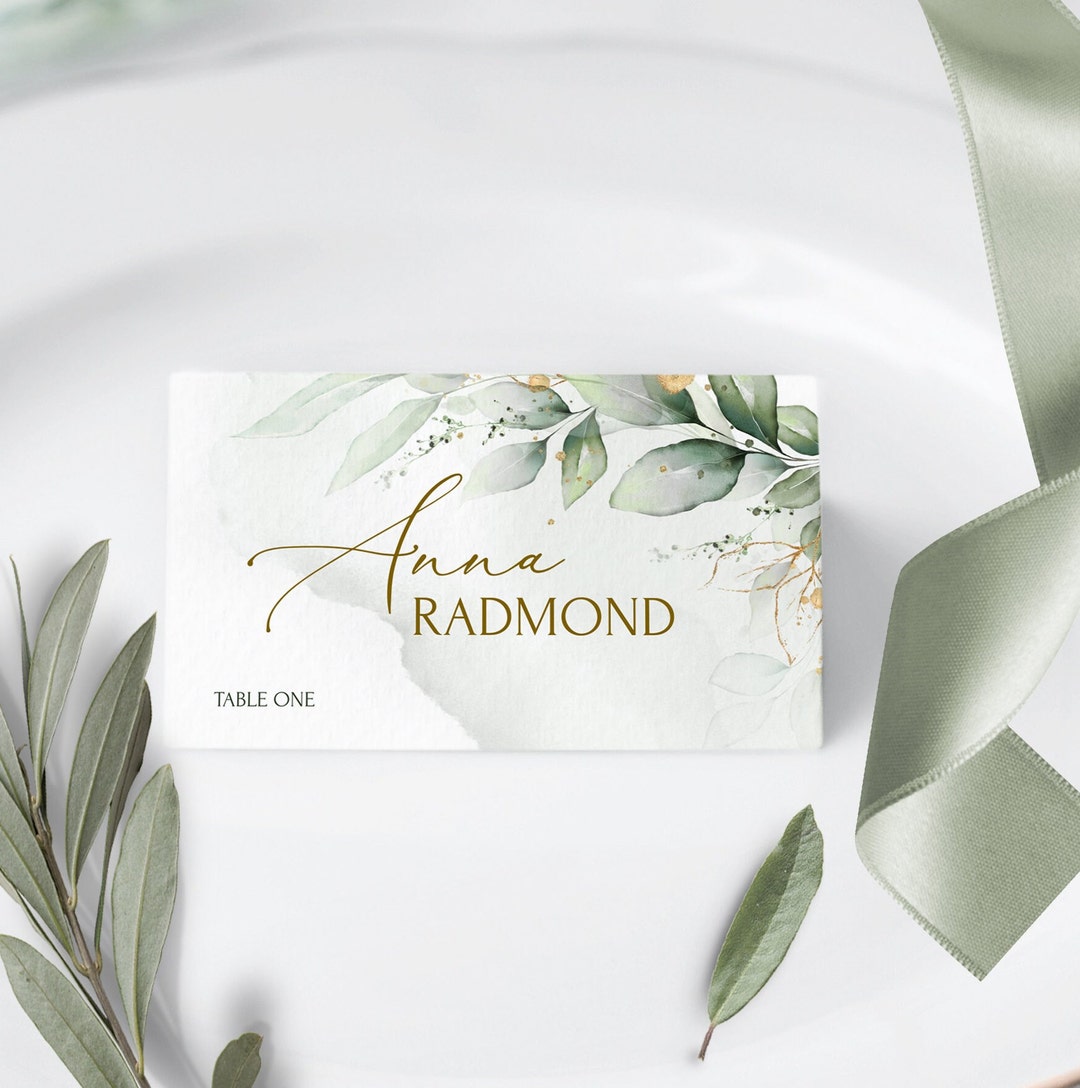 Sage Greenery Wedding Place Card Template: Printable Eucalyptus (folded ...